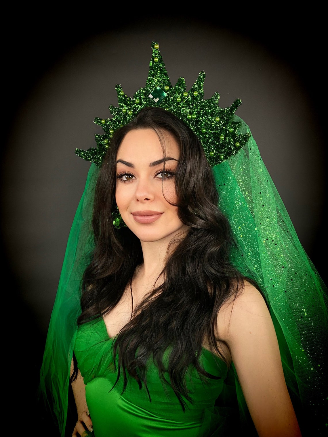 Shiny Christmas Veil Crown Green Christmas Crown Sparkling - Etsy