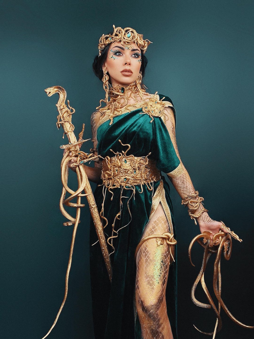 Gold Serpent Queen, Rhinestone Goddess Tiara, Luxury Medusa Gorgon Tiara, Gold Green Medusa ...