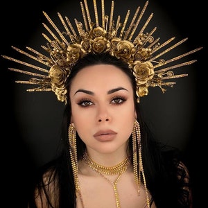 Gold Goddess Crown, Gala Crown, Spike Halo Headpiece, Sunburst Crown ...