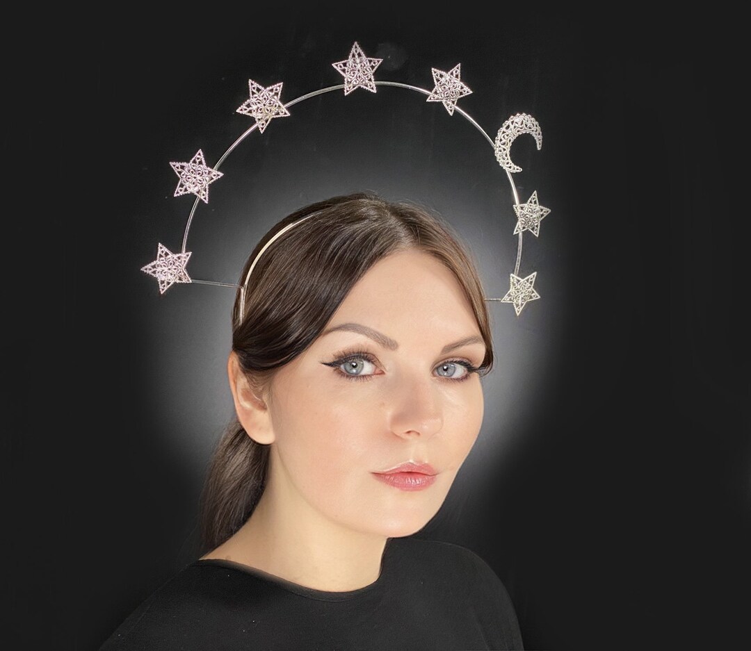 Silver Star Crown, Silver Moon Halo Crown, Boho Wedding Crown, Silver ...