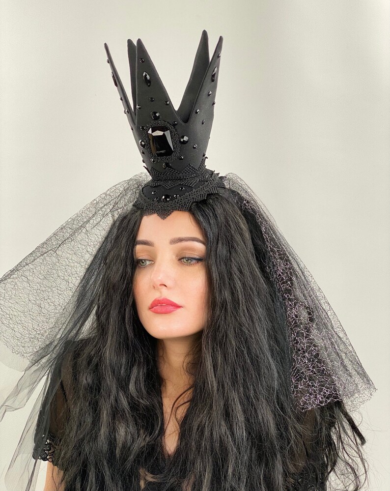 Halloween Princess Black Crown With Vail Gothic Black Crown | Etsy
