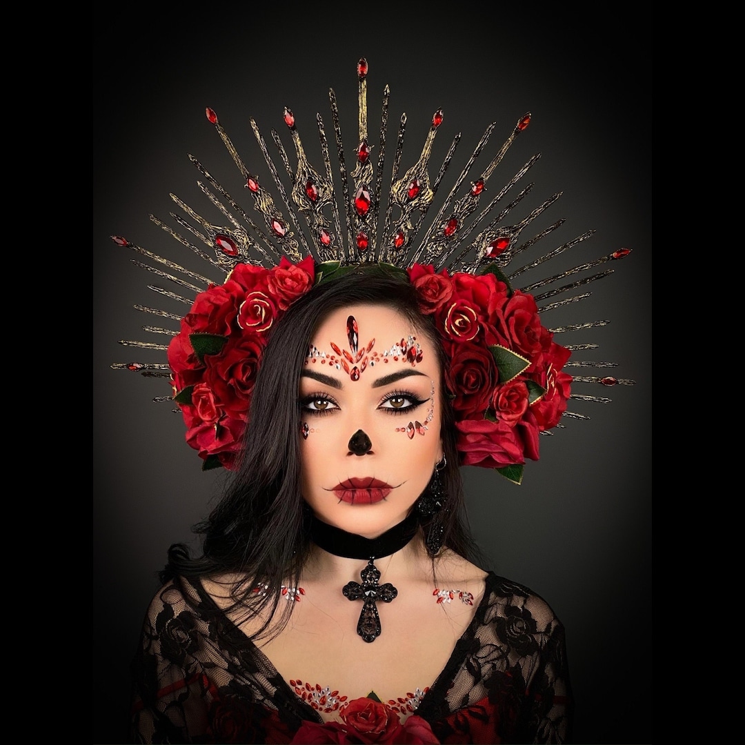 Santa Muerte Crown Gothic Goddess Halo With Red Roses Etsy