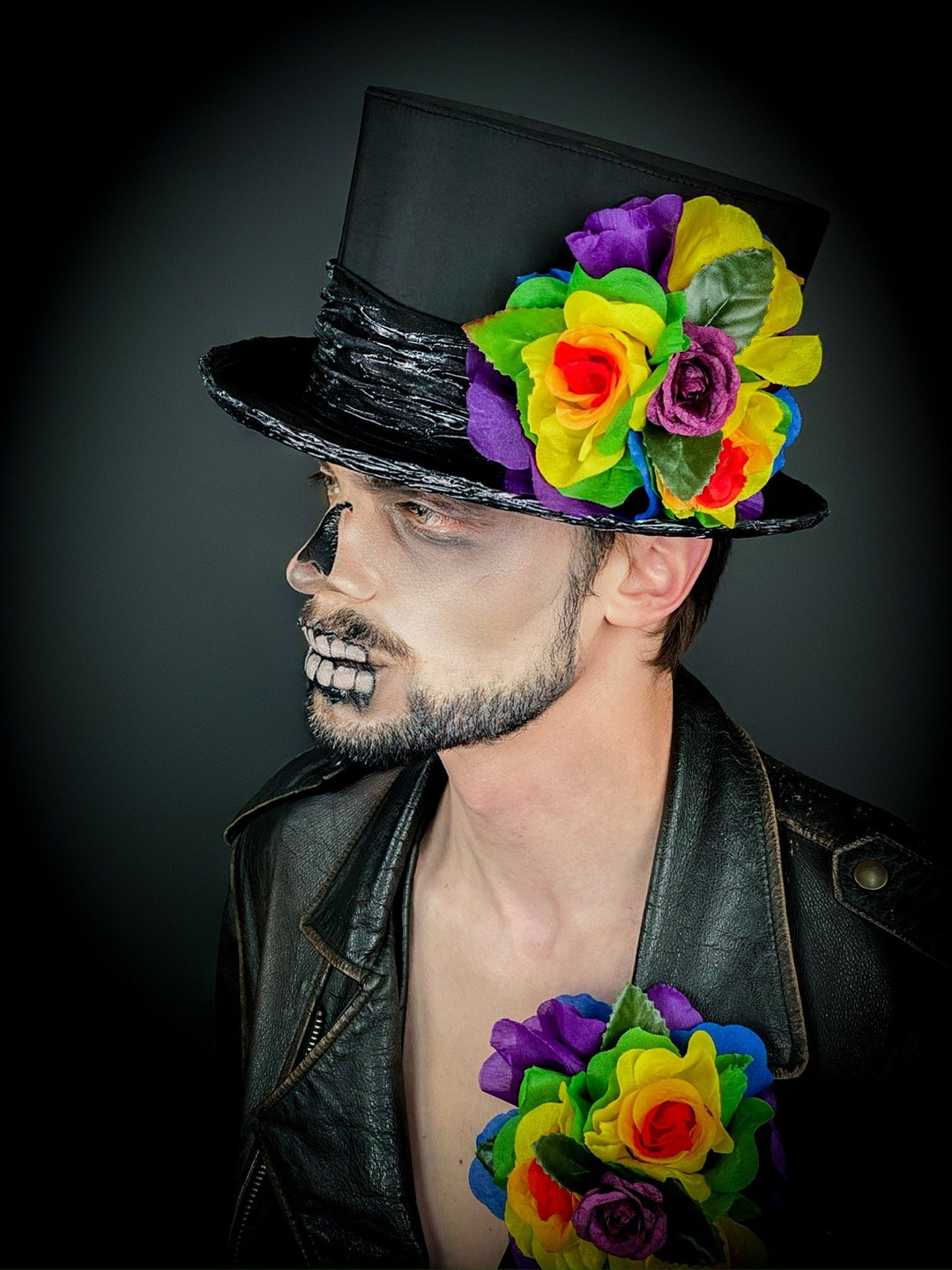 Black Men's Top Hat With Multi Rose, Male Santa Muerte, Dia De Los ...