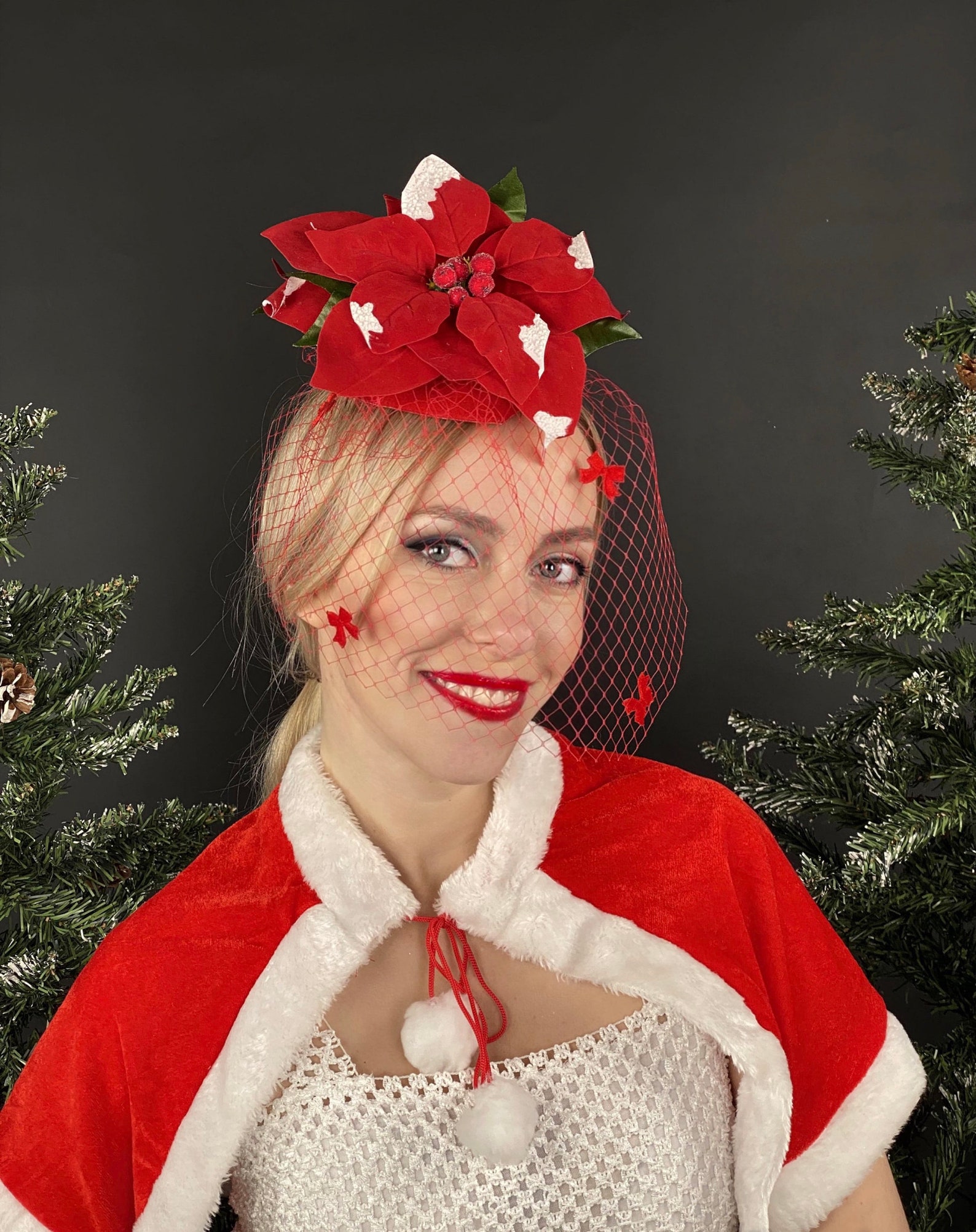 Poinsettia Christmas Headband, Holiday Flower Fascinator, Xmas Red ...