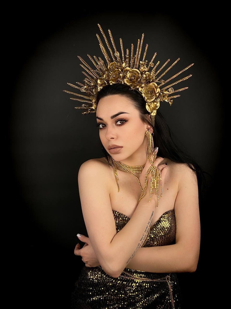Gold Goddess Crown Gala Crown Spike Halo Headpiece Sunburst - Etsy