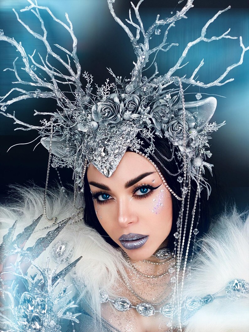 Mardi Gras Costume, Ice Crystal Crown, Silvery Winter Deer Antlers ...