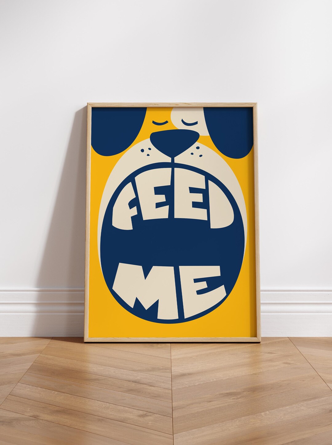 Feed Me Dog Poster - Bold Yellow & Blue Wall Art - Quirky Pet Lover ...