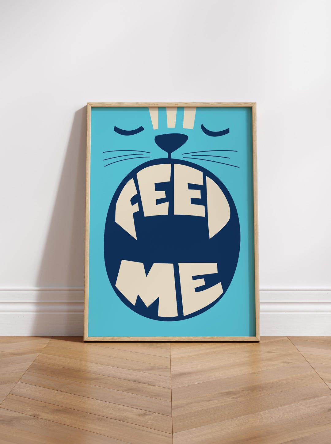 Feed Me Cat Poster - Turquoise & Navy Wall Art - Quirky Pet Lover Gift ...