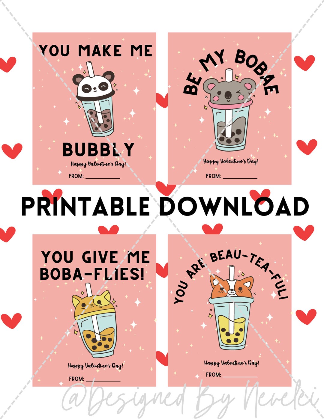 Printable Valentines Cards, Kids Valentines, Boba Valentines Card, Boba ...