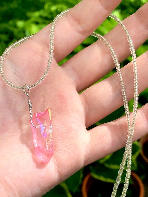 Pink Aura Quartz Point Necklace on Beaded Chain 2 Colors Available Etsy Denmark