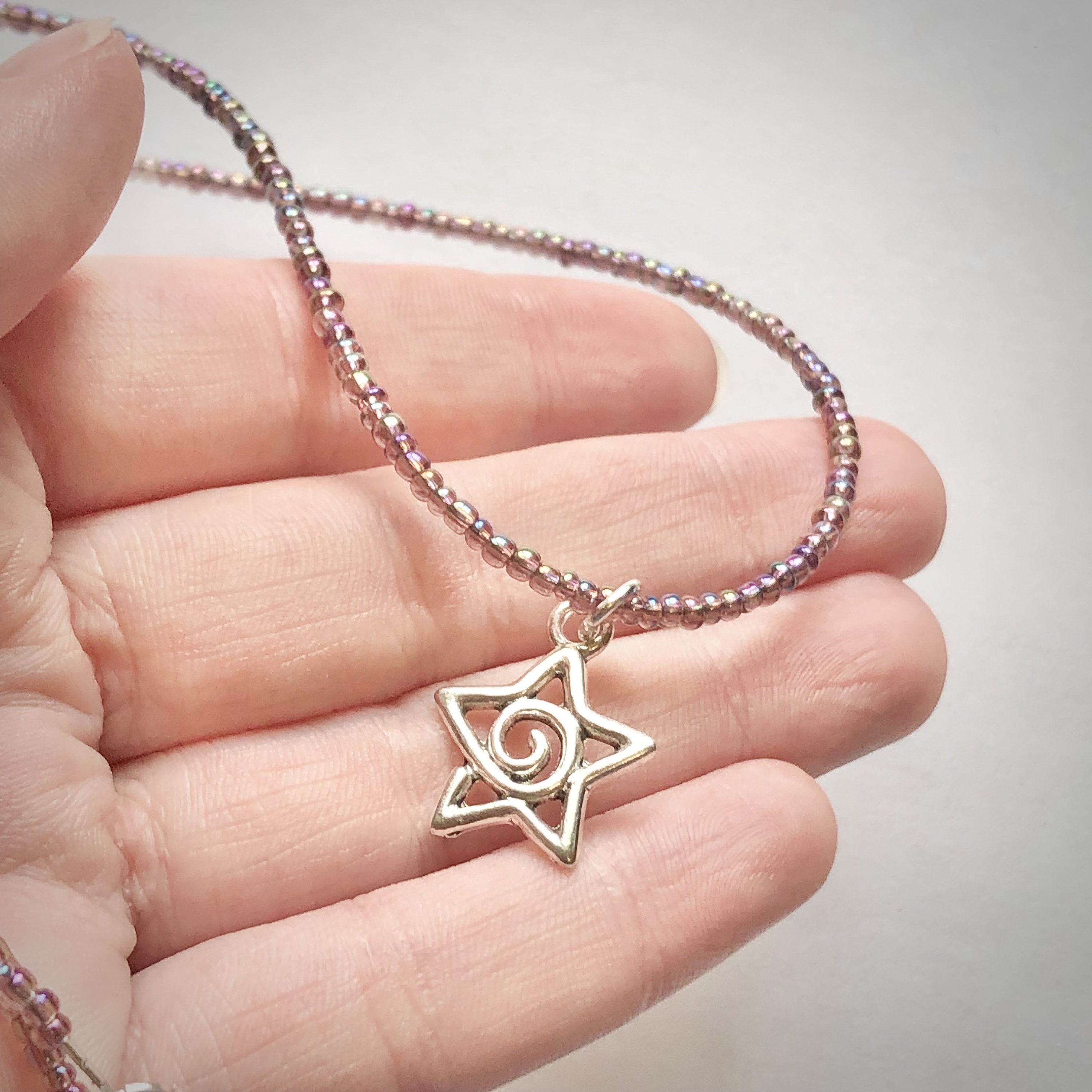 Whimsigothic Silver Toned Star Swirl Charm Necklace With Glass Beads - Etsy