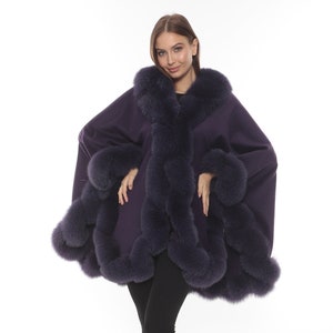 Winter Purple Cashmere Cape, Purple Fox Cashmere Cape Fox Trim Poncho, Purple Cashmere ,shawl ...