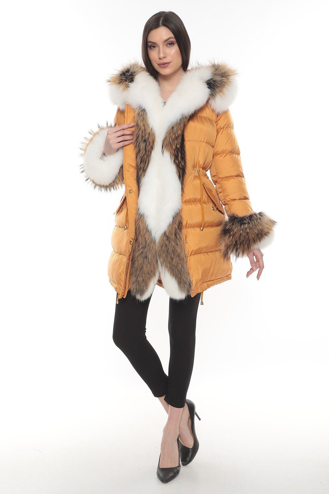 Parka Coat With Brown and Wihte Fox Fur, Real Fox Fur Hooded Coat ...