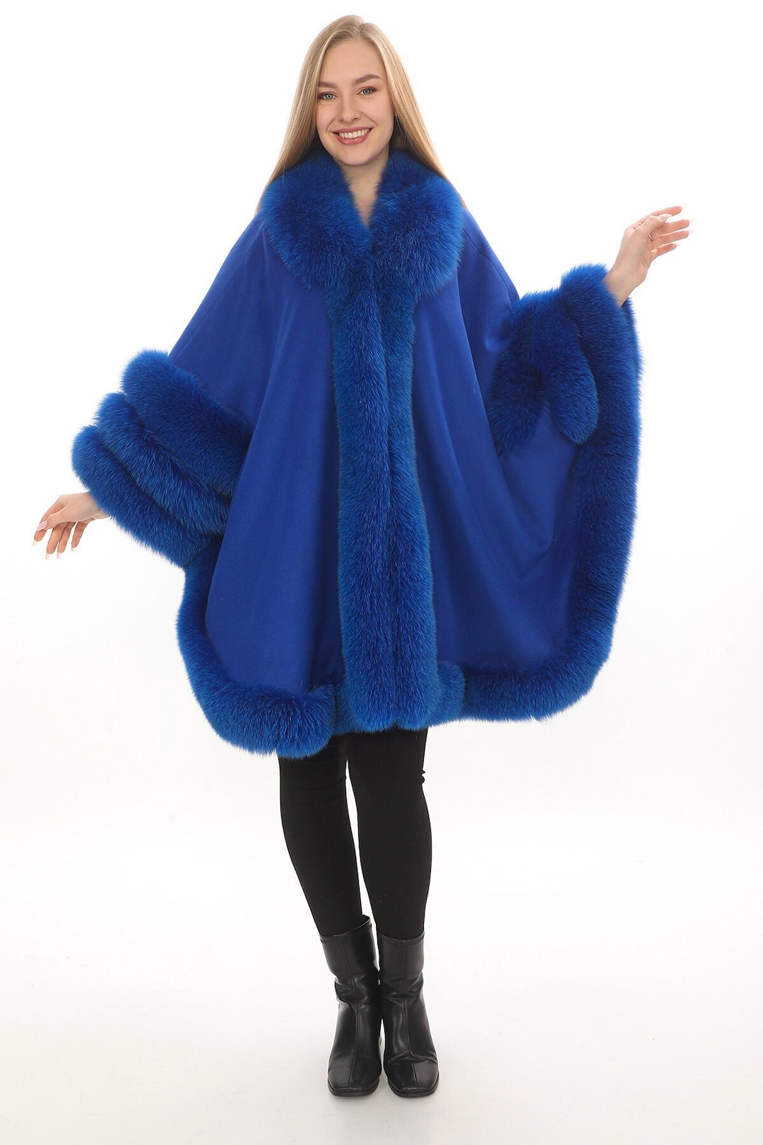 Blue Cashmere Cape With Fox Fur Trim, Winter Clothing for Women, Cape ...