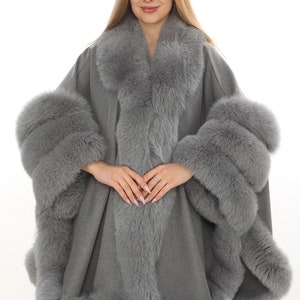 Gray Winter Clothing for Women, Cashmere Cape With Fox Fur Trim, Cape ...