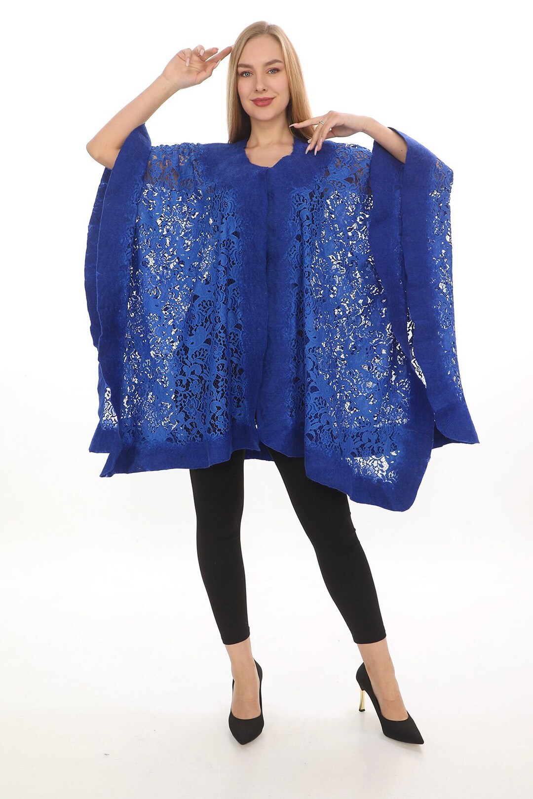 Luxury Blue Lace Wrap Shawl Lace and Natural Felt Wool Shawl, Poncho ...