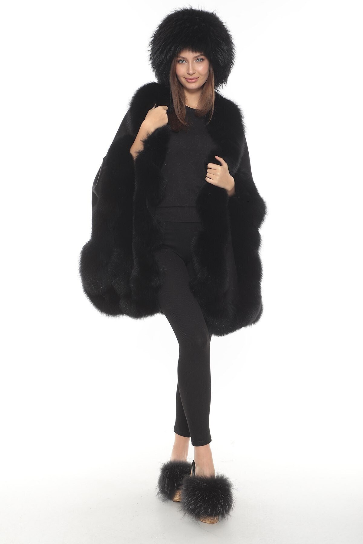 Black Fox Fur Cashmere Cape With Black Fox Fur Trimmed, Stylish Cape ...
