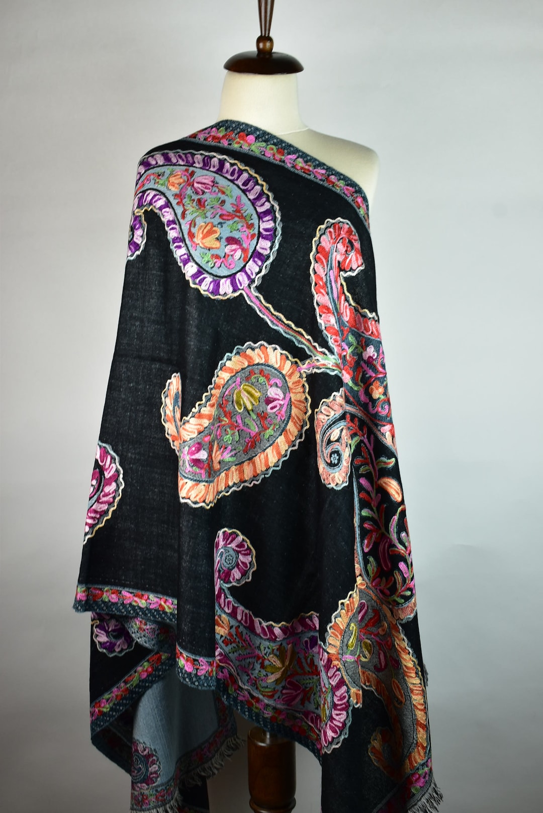 Black Pashmina Wedding Shaw, Wool Embroidered Shawl, Wool Scarf Women ...