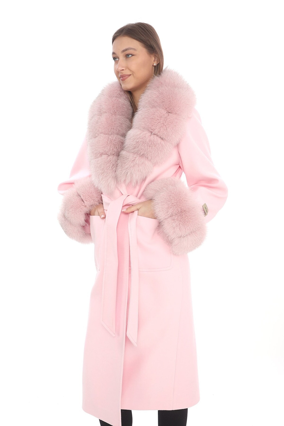 Winter Pink Cashmere Coat Pink Fox Collar and Cuffs Women Stylish Fox ...
