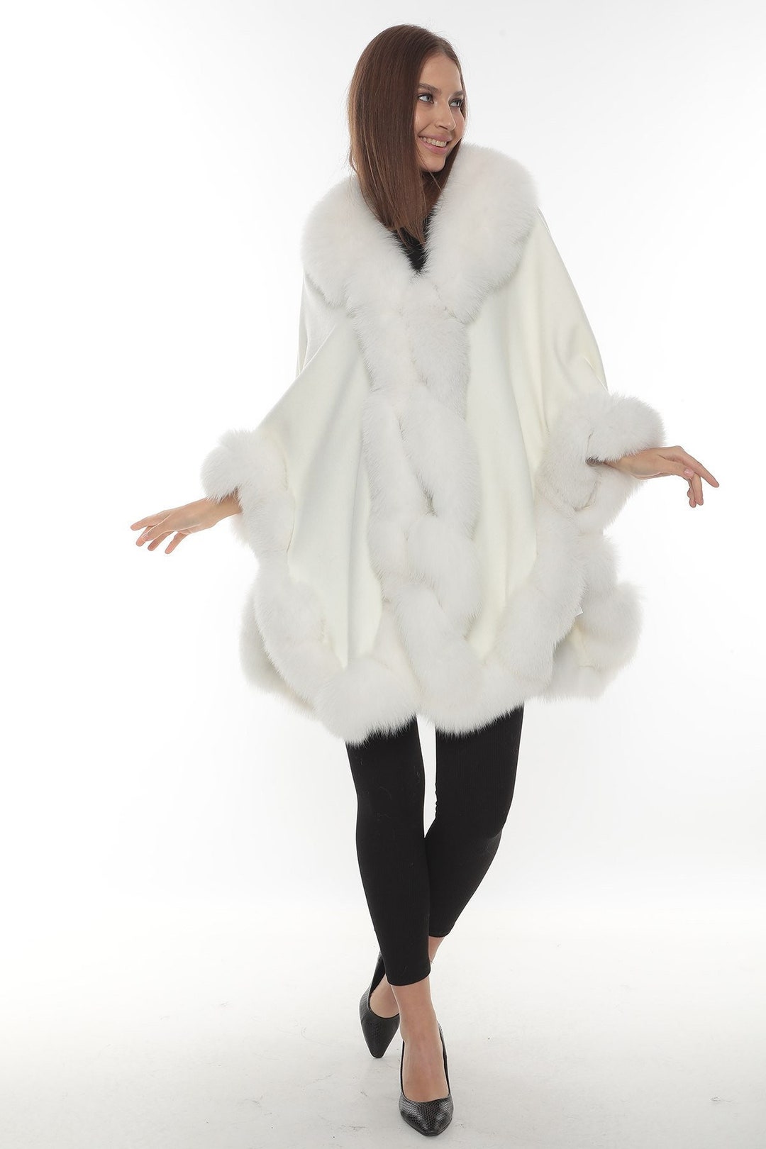 White Fox Fur Cashmere Cape With Whiite Fox Fur Trimmed, Stylish Cape ...