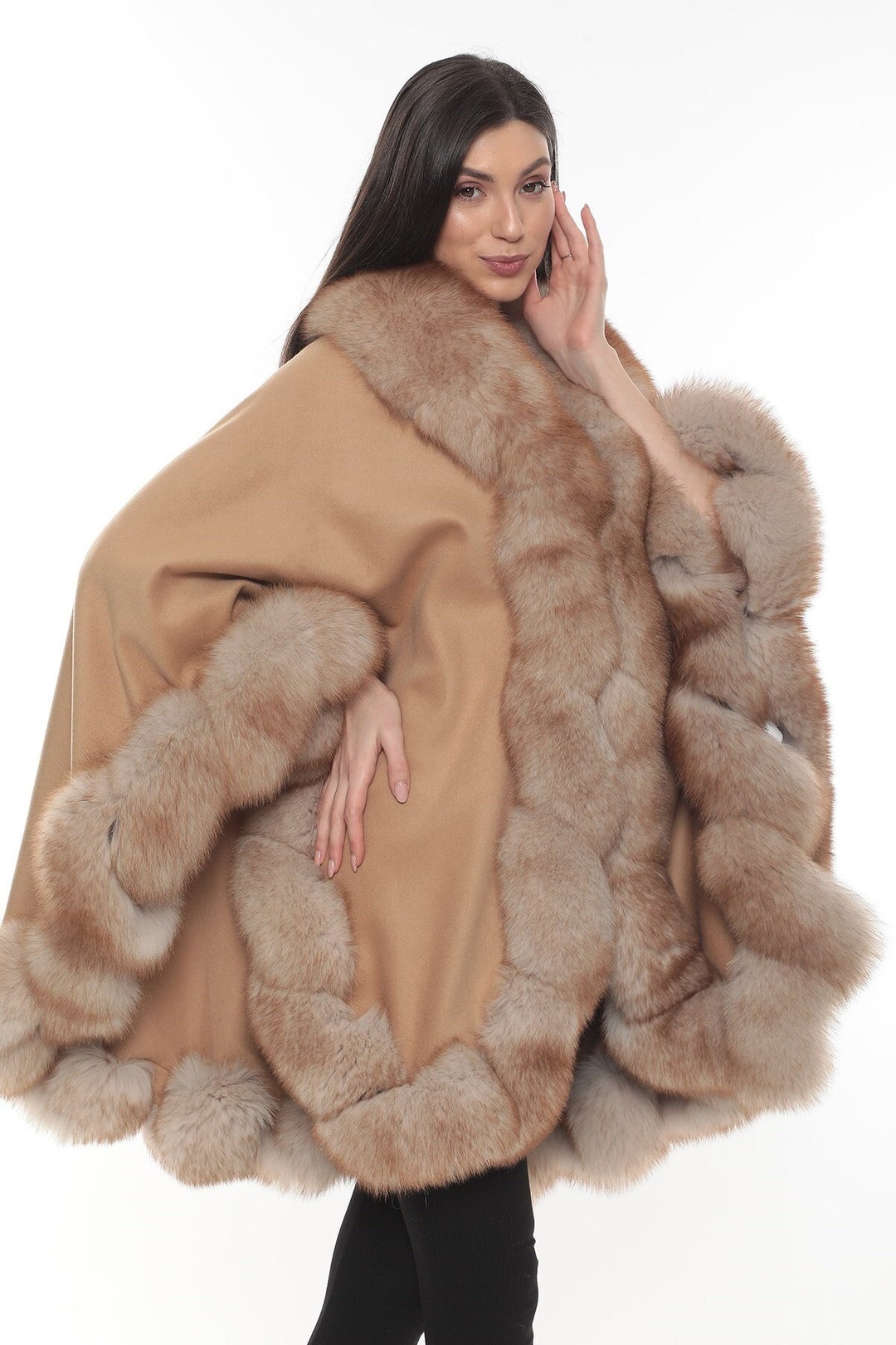 Cashmere Cape Fox Trim Poncho, Women’s Poncho, Fox Fur Poncho, Fall ...