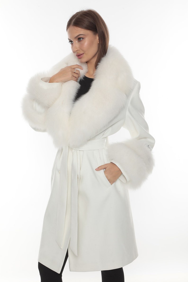 Winter White Cashmere Coat White Fox Collar and Cuffs Women Stylish Fox ...