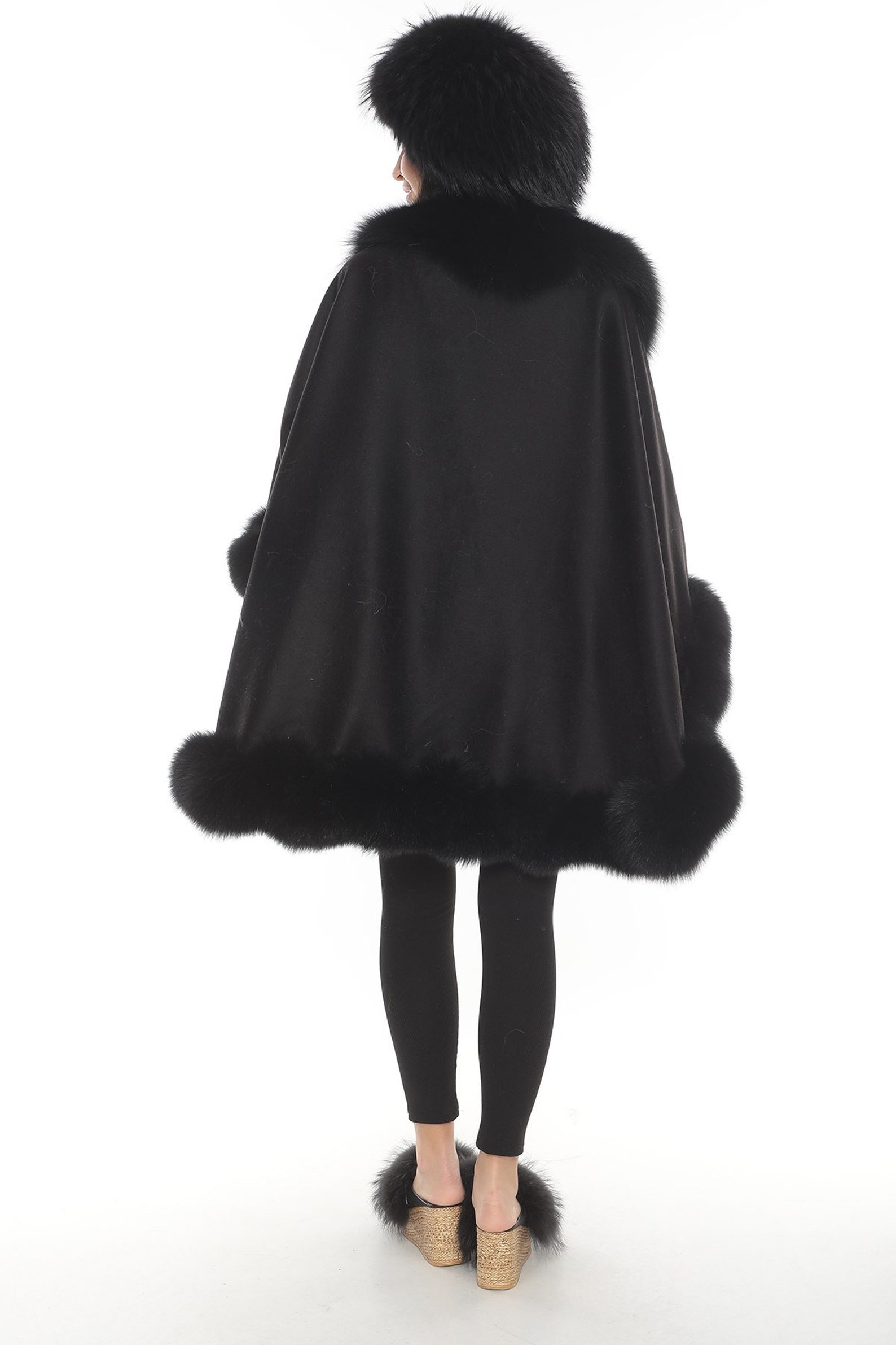 Black Fox Fur Cashmere Cape With Black Fox Fur Trimmed, Stylish Cape ...