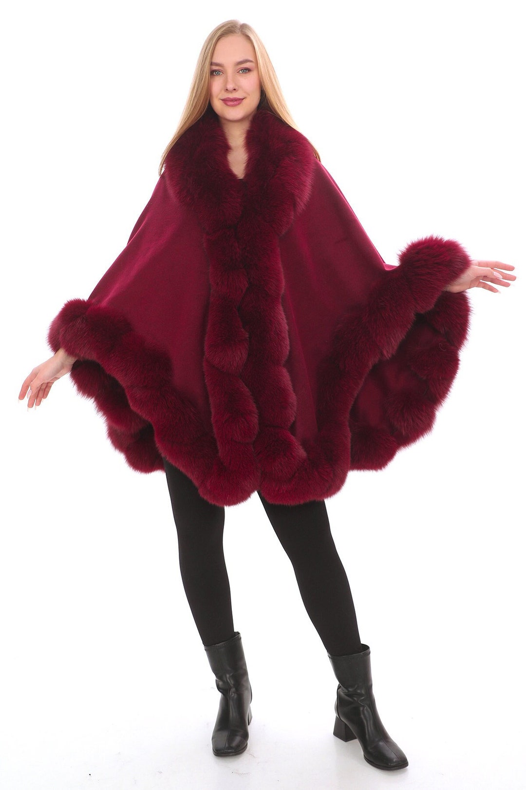 Stunning Burgundy Cashmere Winter Cape With Fox Fur Trim, STD Size for ...