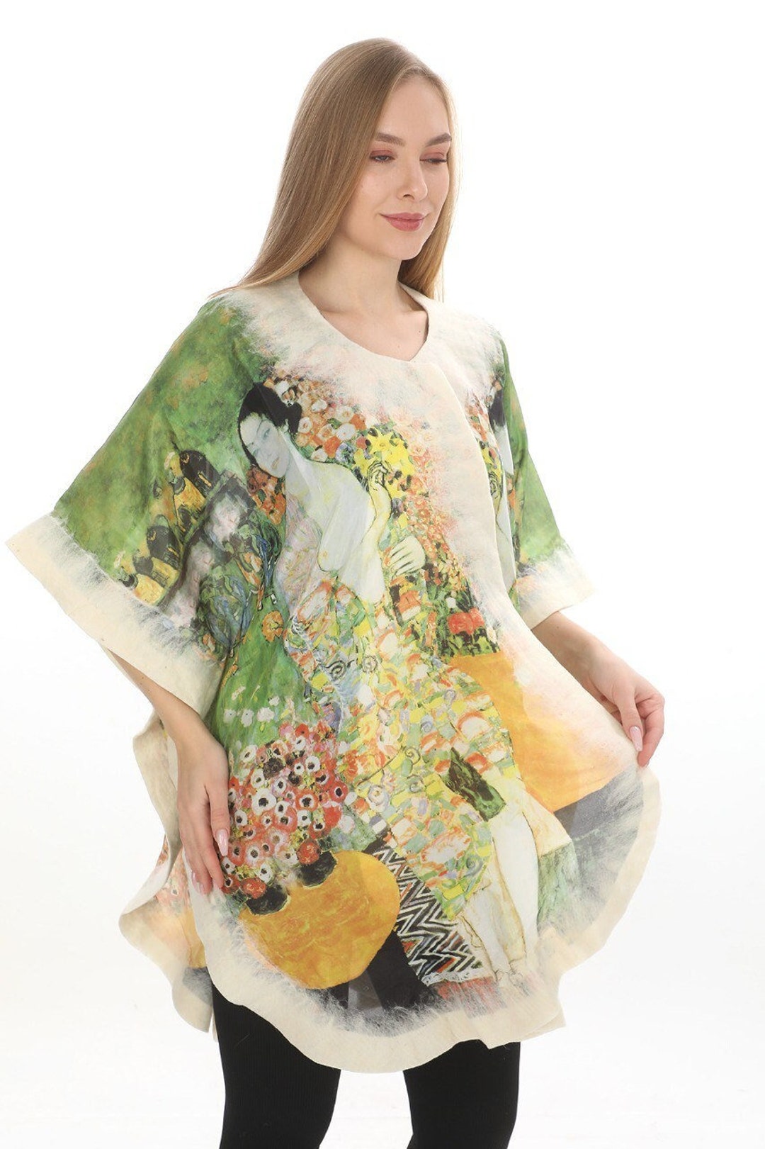 Stunning Light Green Poncho• Gustav Klimt the Dancer• Natural Wool ...