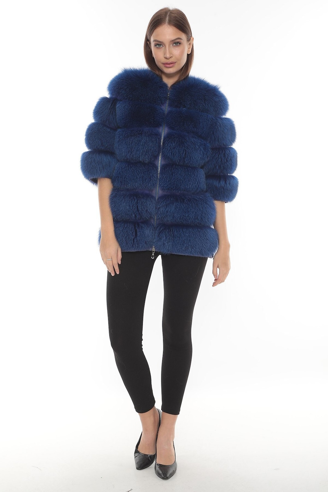 Amazing Blue Fox Fur Jacket Whit Satin Lening, Faux Fur Coat, Jacket ...