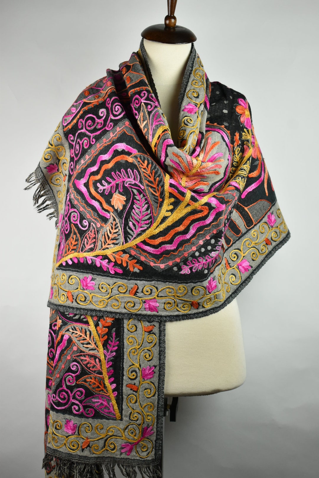 Black Merino Wool Scarf Women Winter, Wool Scarf Embroidered, Handmade ...