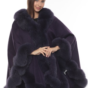Winter Purple Cashmere Cape, Purple Fox Cashmere Cape Fox Trim Poncho, Purple Cashmere ,shawl ...