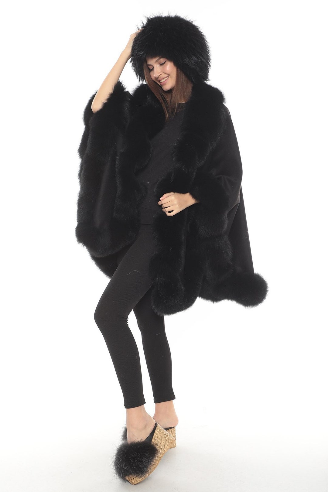 Black Fox Fur Cashmere Cape With Black Fox Fur Trimmed, Stylish Cape ...