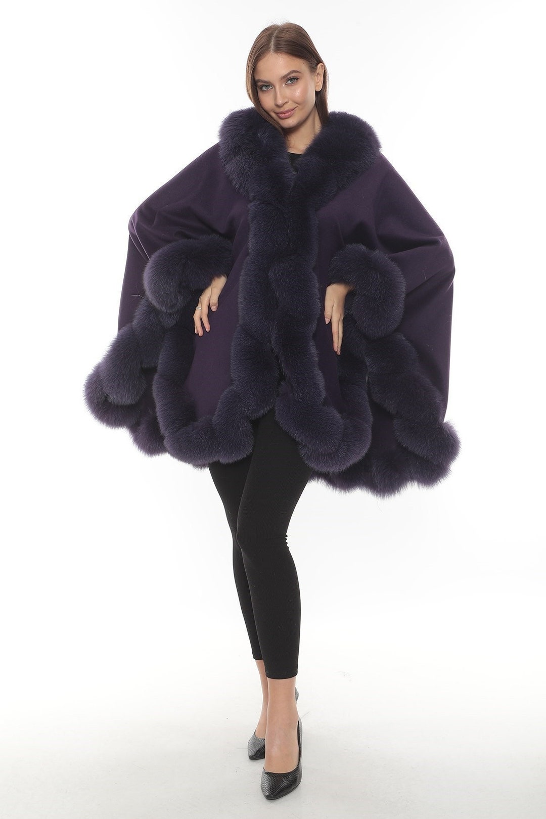 Winter Purple Cashmere Cape, Purple Fox Cashmere Cape Fox Trim Poncho, Purple Cashmere ,shawl ...