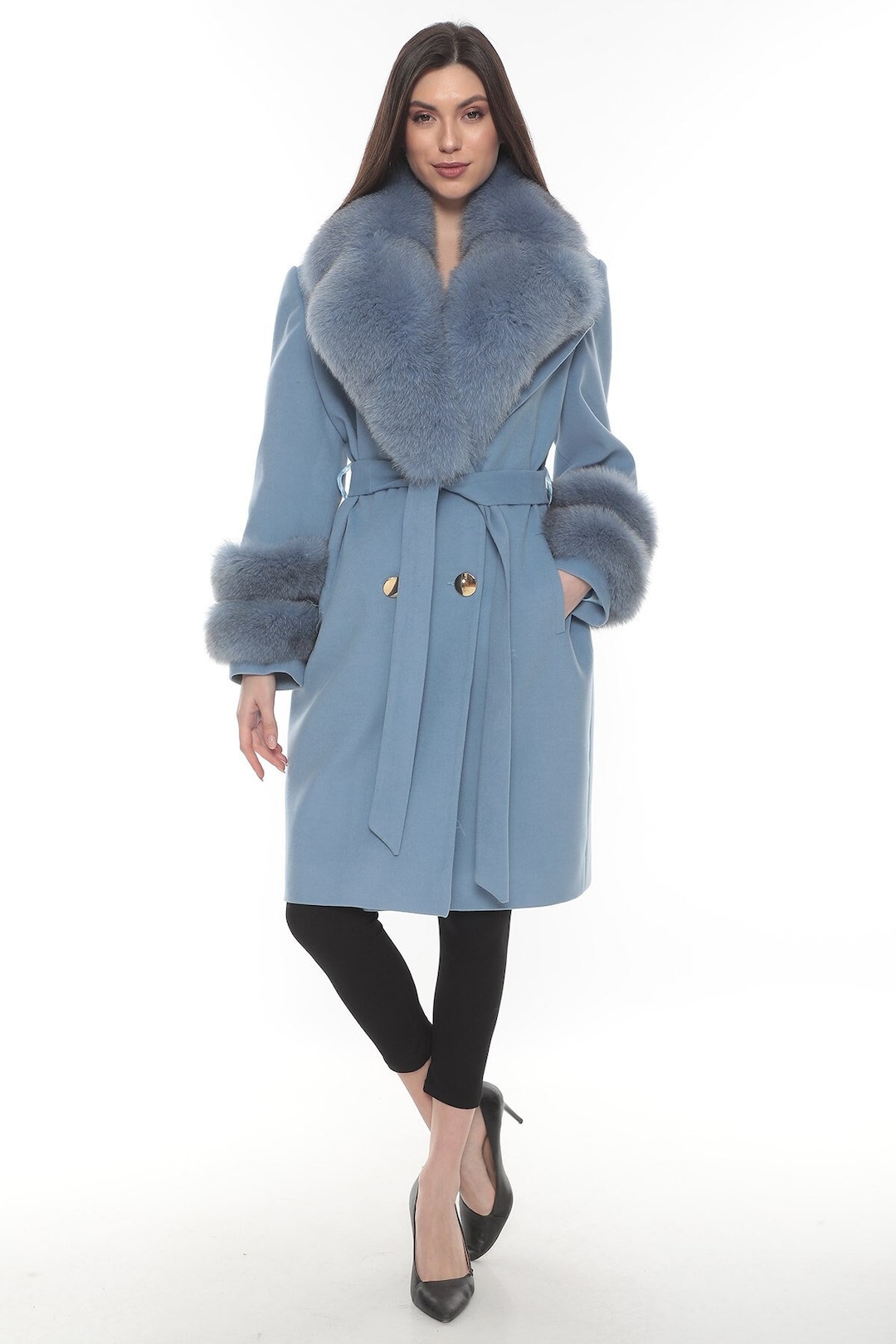 Ice Blue Cashmere Coat, Ice Blue Fox Collar and Cuffs, Women Stylish ...