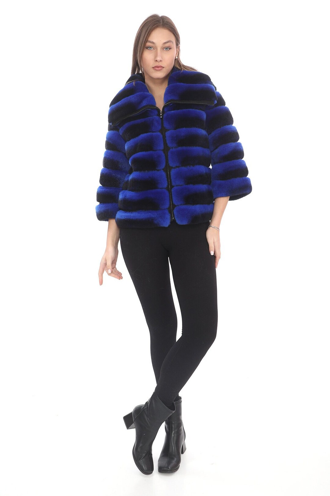 Luxurious Blue Rex Fur Coat Women's, Real Fur Jacket for Fashionable ...