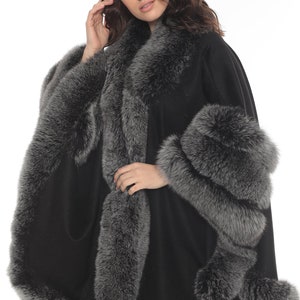 Black Cashmere Cape With Fox Fur Trim, Winter Clothing for Women, Winter Poncho Cape Women ...