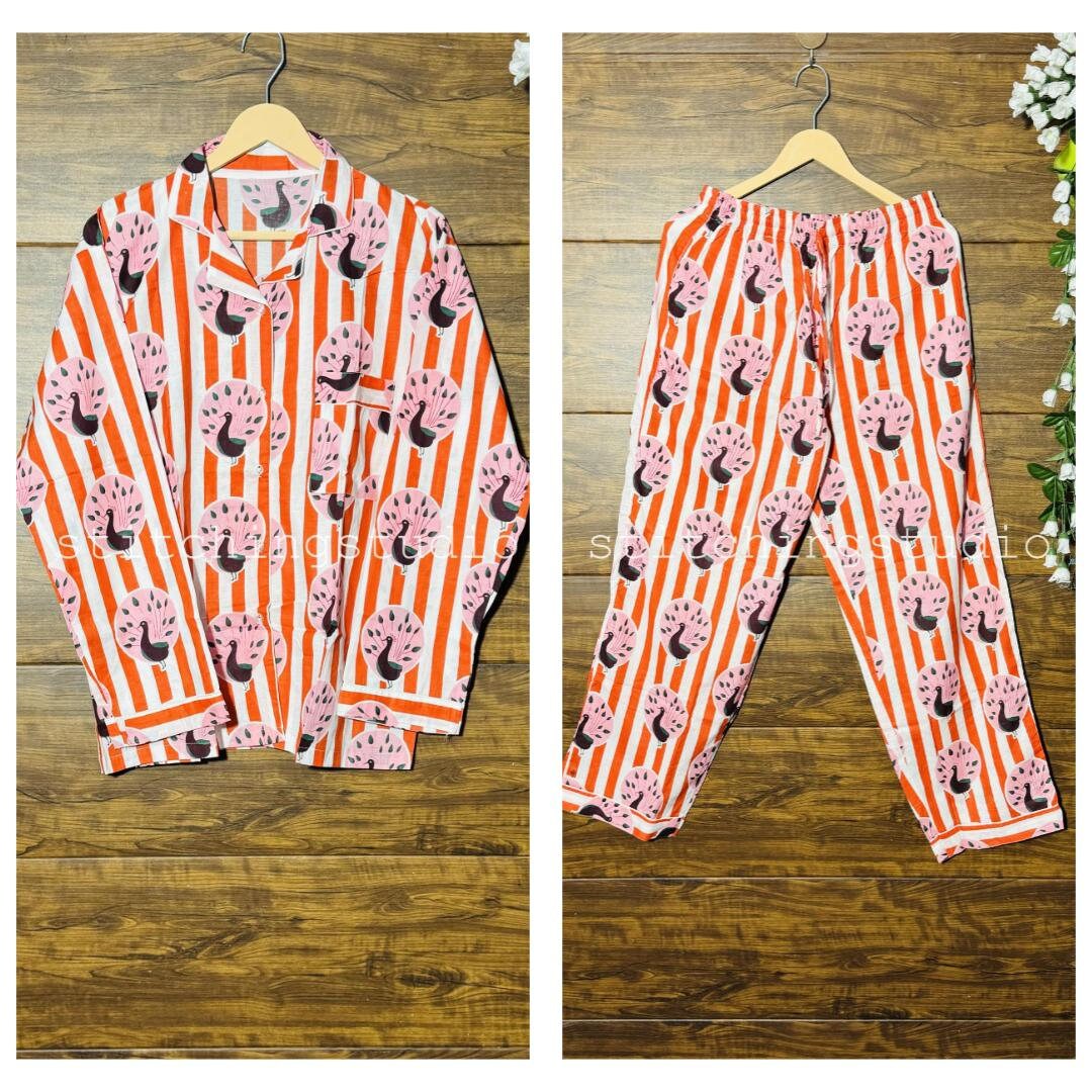 Striped PJ Set,100% Cotton Block Print Pajama Set, Night Wear ...
