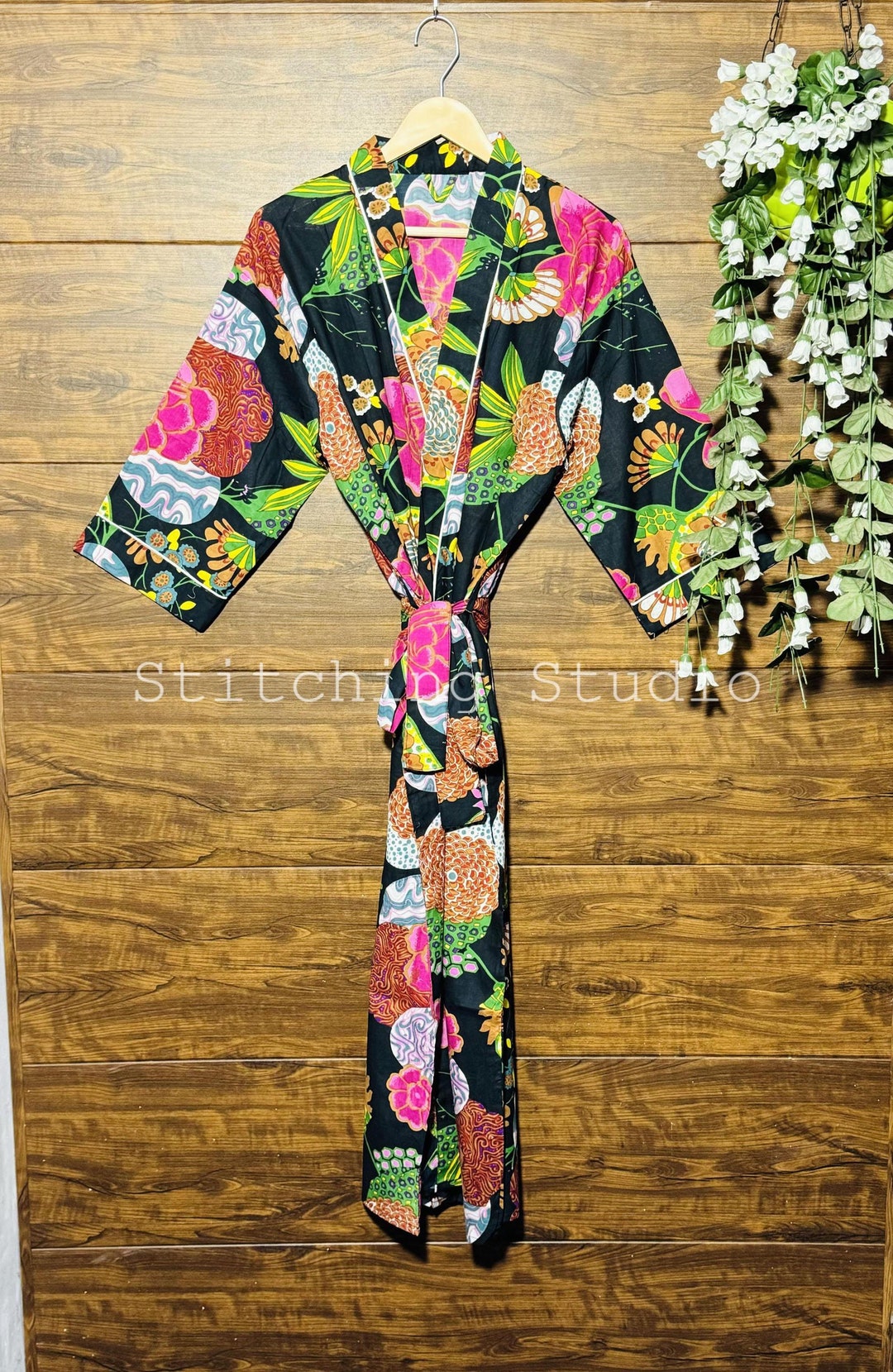 Black Floral Print Kimono Robe, Indian Soft Cotton Kimono, Women Bath ...