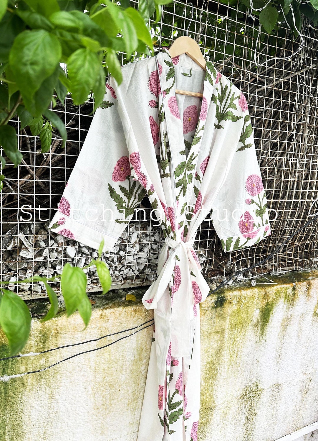 Pink Floral Cotton Kimono Robe Dressing Gown, Block Print Bridesmaid ...