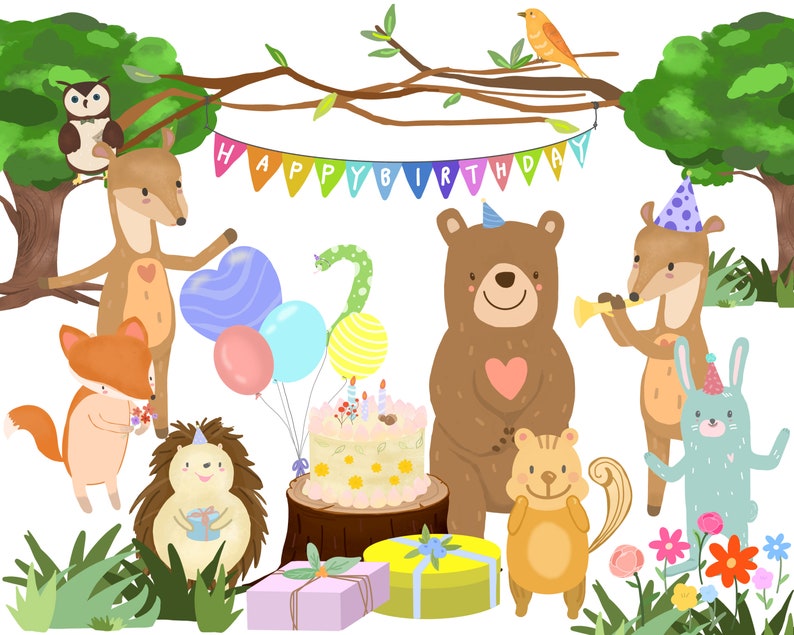 Woodland Birthday Party Clip Art, Baby Animals PNG, Forest Creatures ...