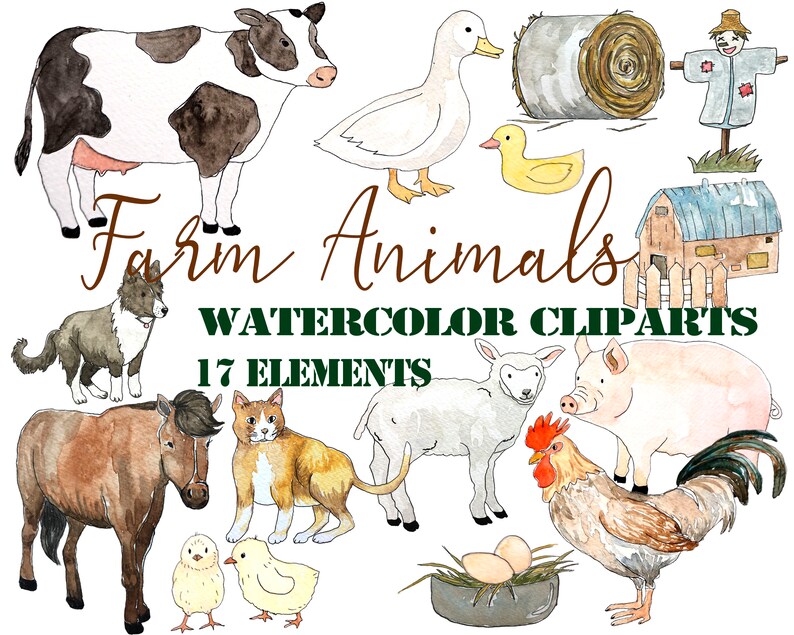 Farm Animals Clipart, Watercolor Clip Art, Nursery, Baby Shower ...