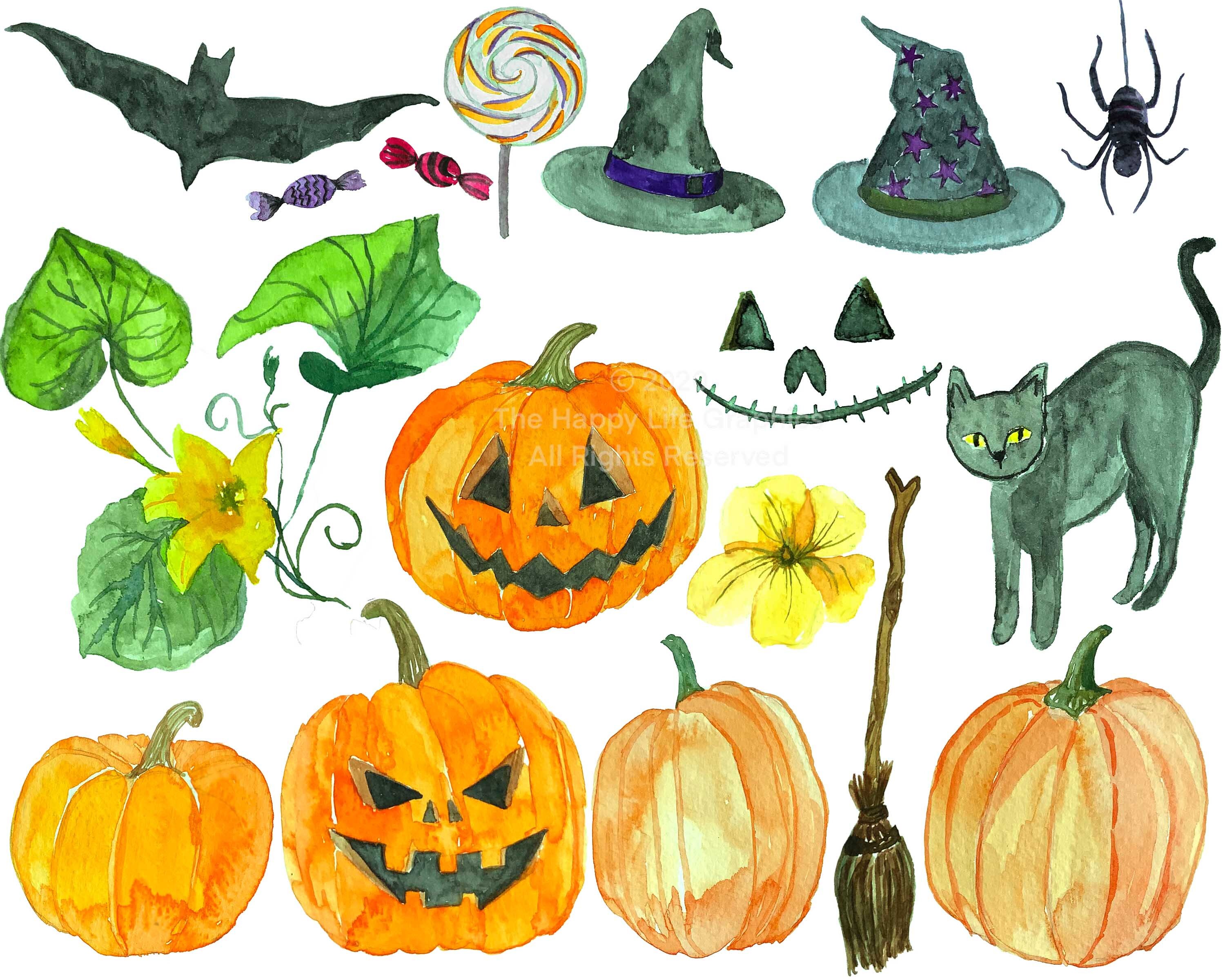 Halloween Watercolor Clipart, Holiday Decor, Printable PNG, Pumpkin ...