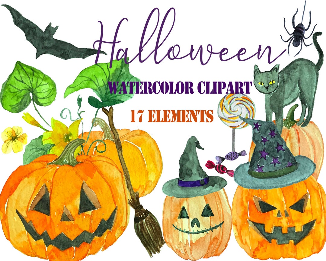 Halloween Watercolor Clipart, Holiday Decor, Printable PNG, Pumpkin ...