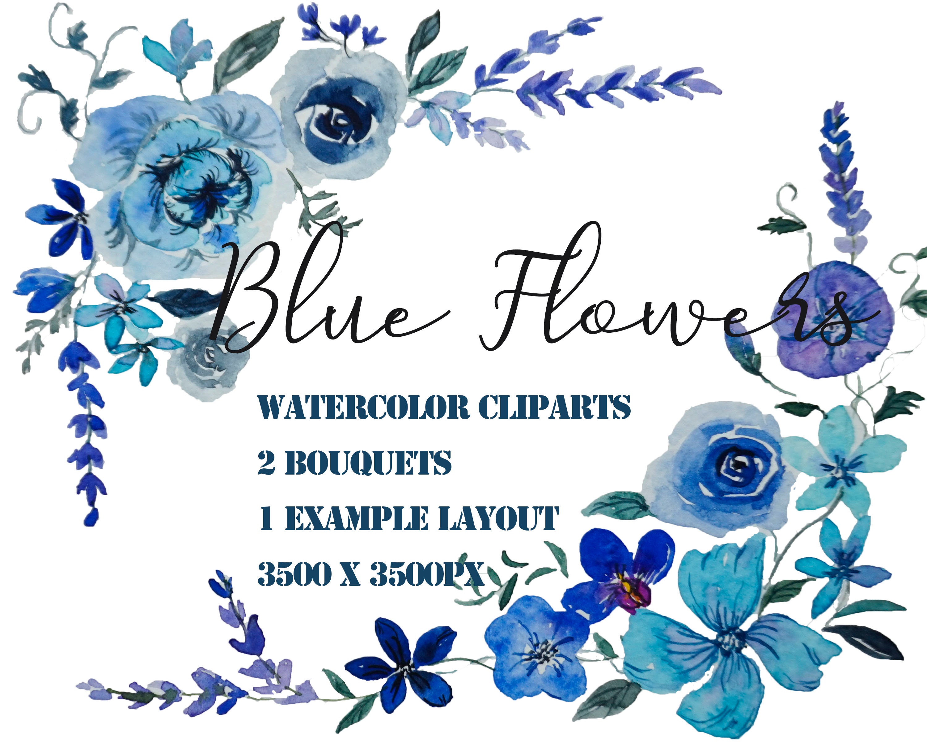 Watercolor Blue Flowers Bouquet Clip Art Digital Download | Etsy