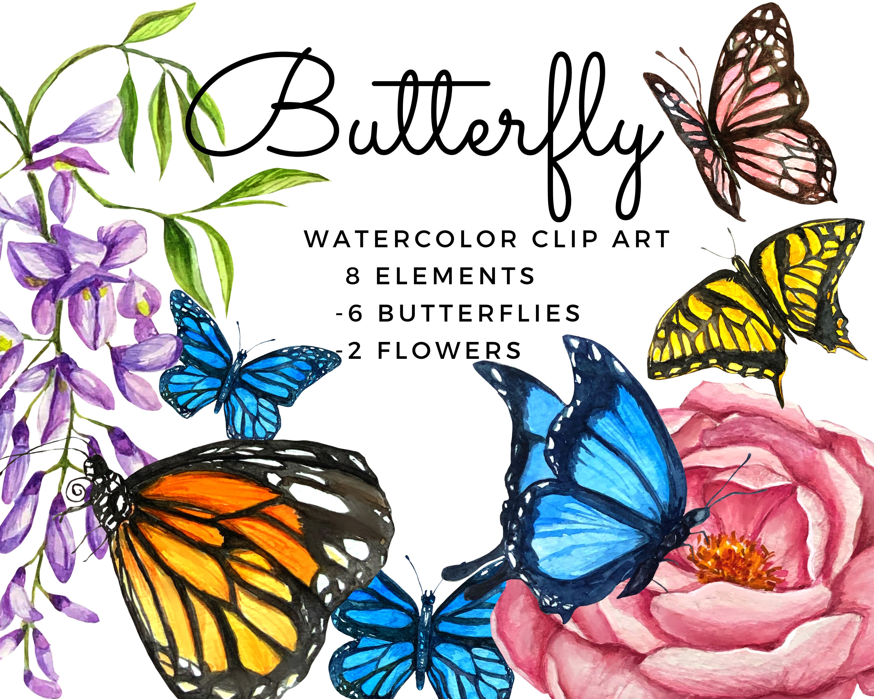 Watercolor Butterfly Clip Art, Gorgeous Flowers, PNG, Printable Art ...