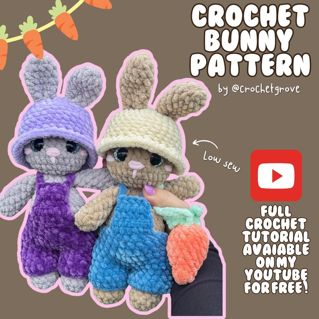 Crochet Pattern: Adorable Bunny in Overalls & Hat – Low-sew Design by ...