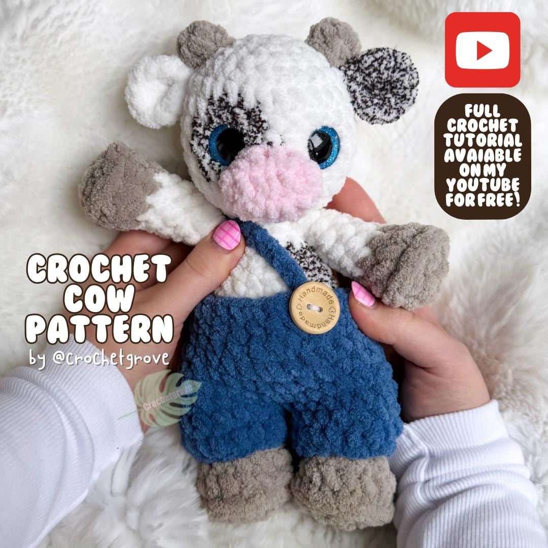 Crochet Pattern: Adorable Cow in Overalls – Low-sew Design by Crochet ...