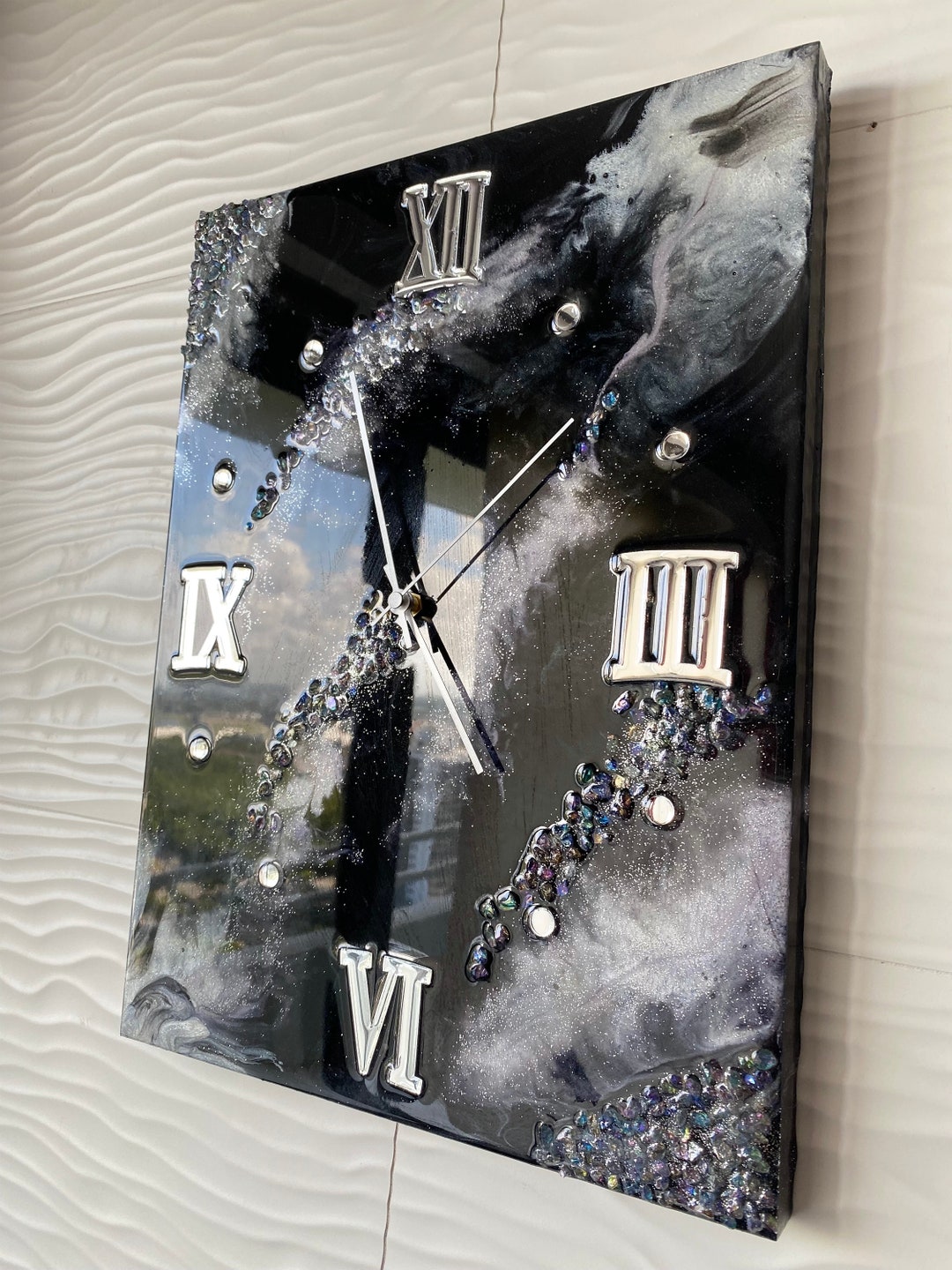 12x16 Black Geode Epoxy Resin Wall Clock Modern for Any Home Interiors ...