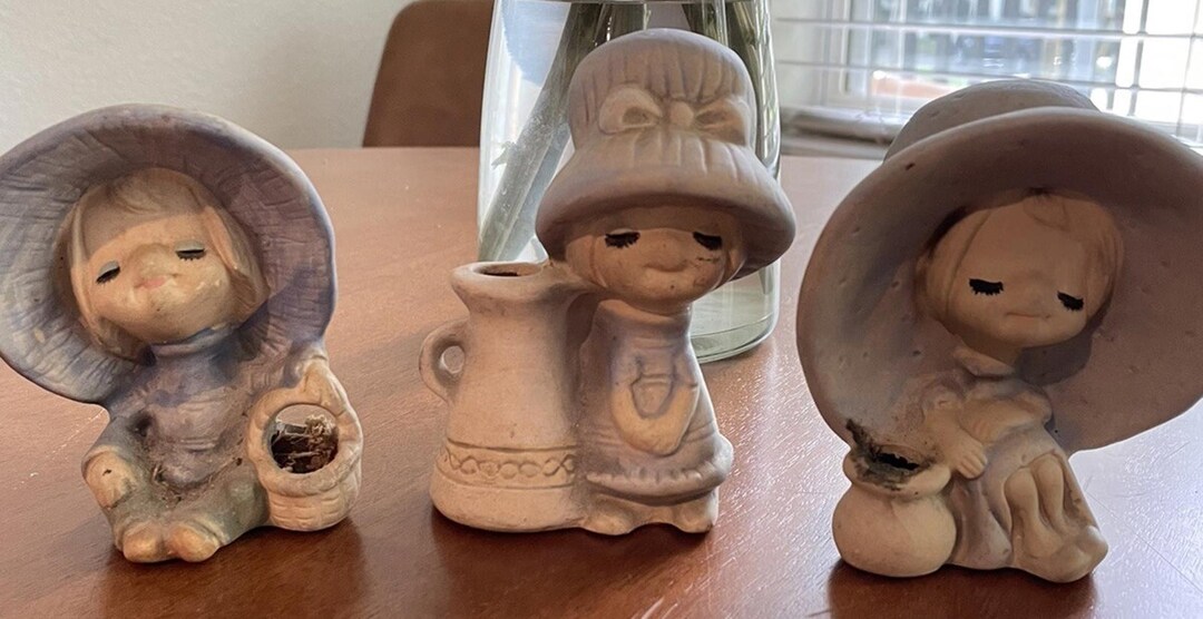 VTG Stoneware UCTCI Japan Three Poppet Trixie Girl Figurines Big Eyes ...